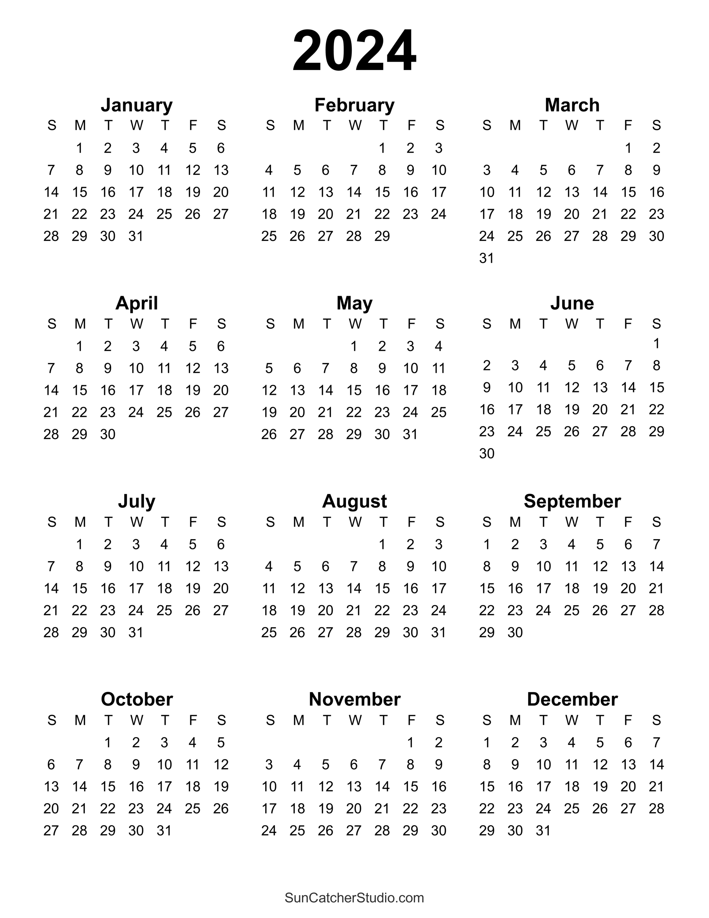 Free Printable 2024 Yearly Calendar DIY Projects Patterns Monograms