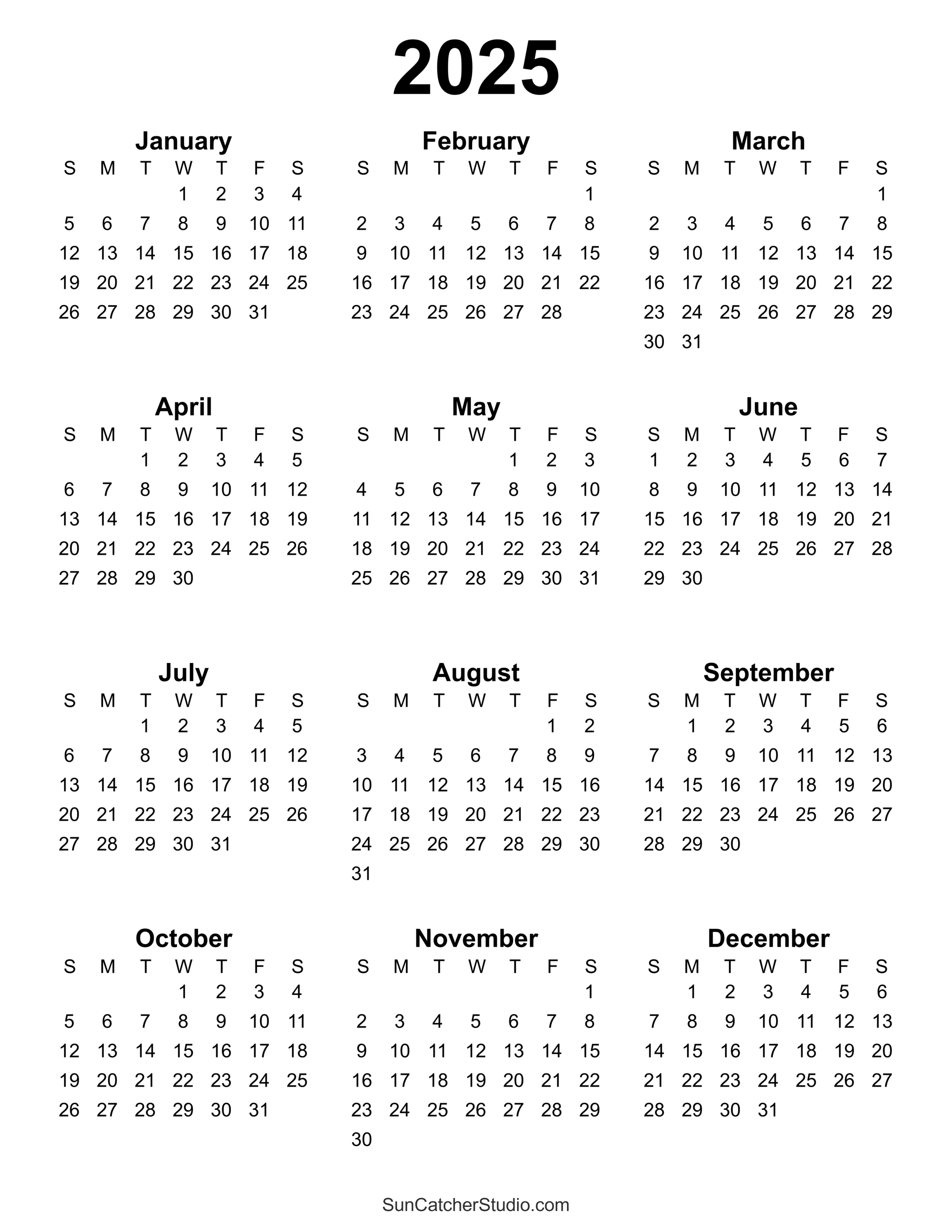 Free Printable 2025 Yearly Calendar DIY Projects Patterns Monograms 