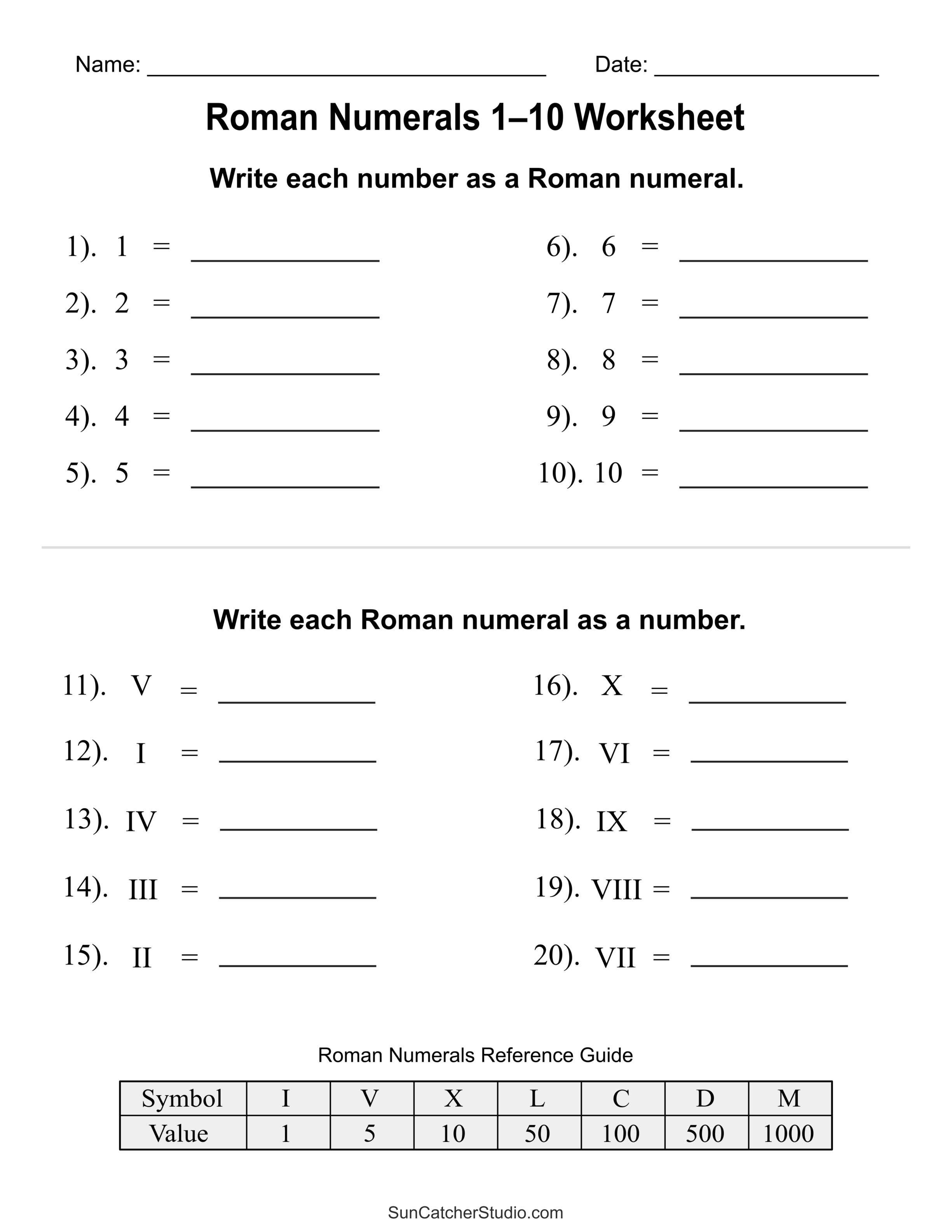 Roman Numerals Worksheets (Free Printable PDFs) – Free Printables ...