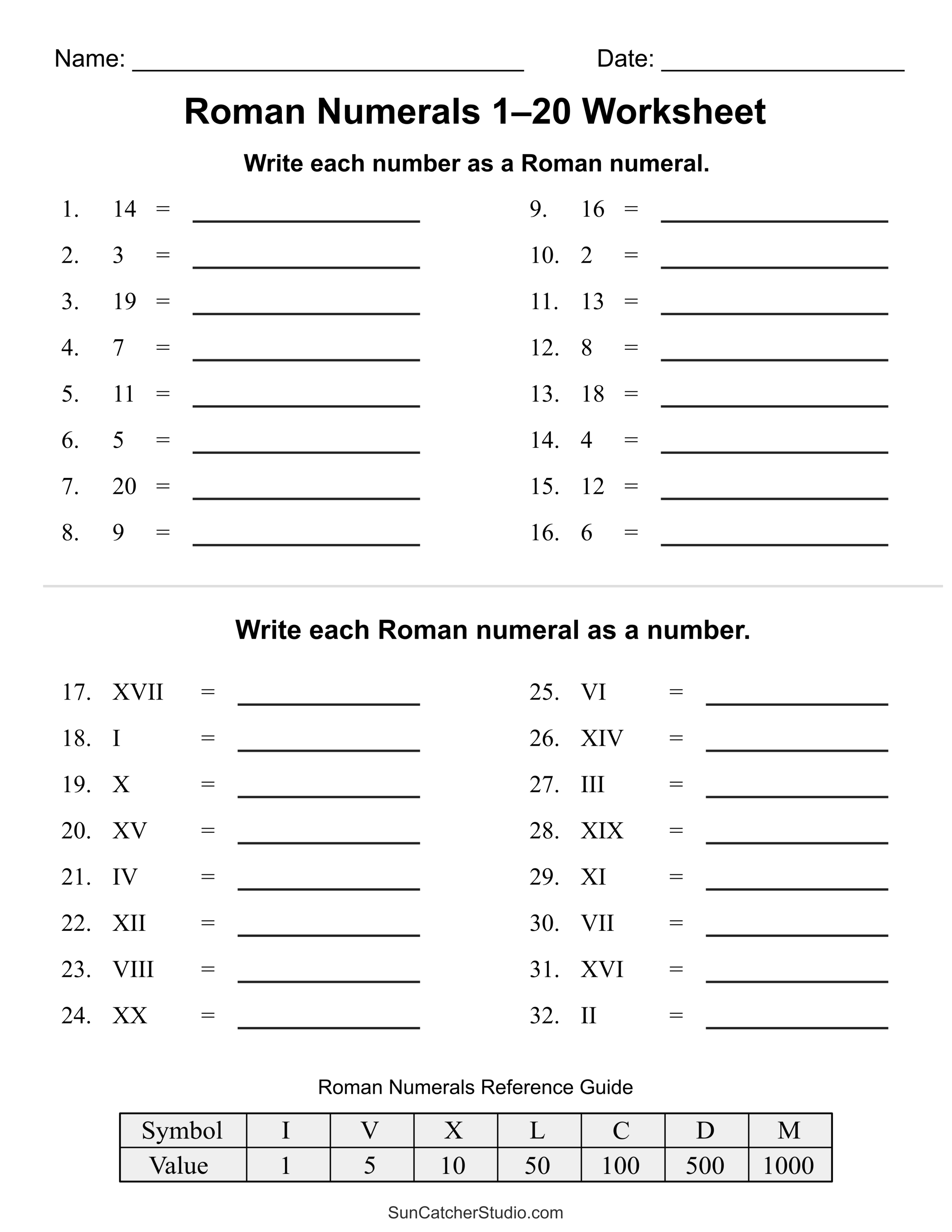 Roman Numerals Worksheets (Free Printable PDFs) – Free Printables ...