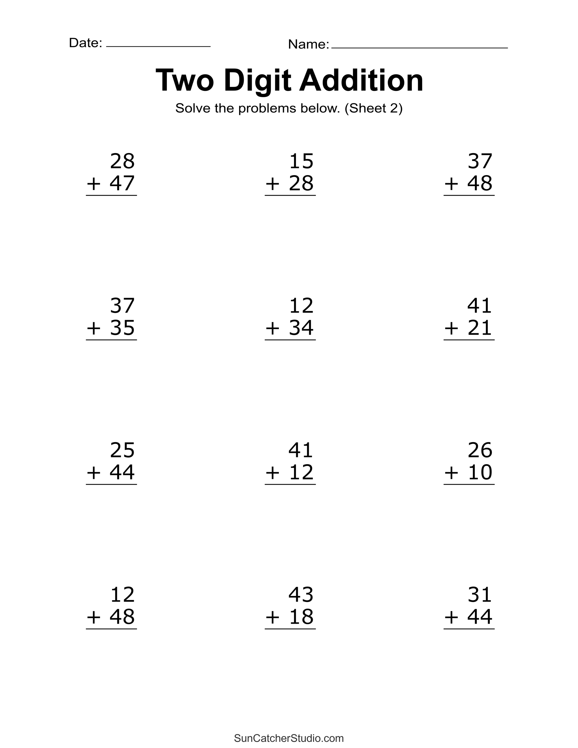 Two Digit Addition Worksheets Printable 2 Digit Problems DIY