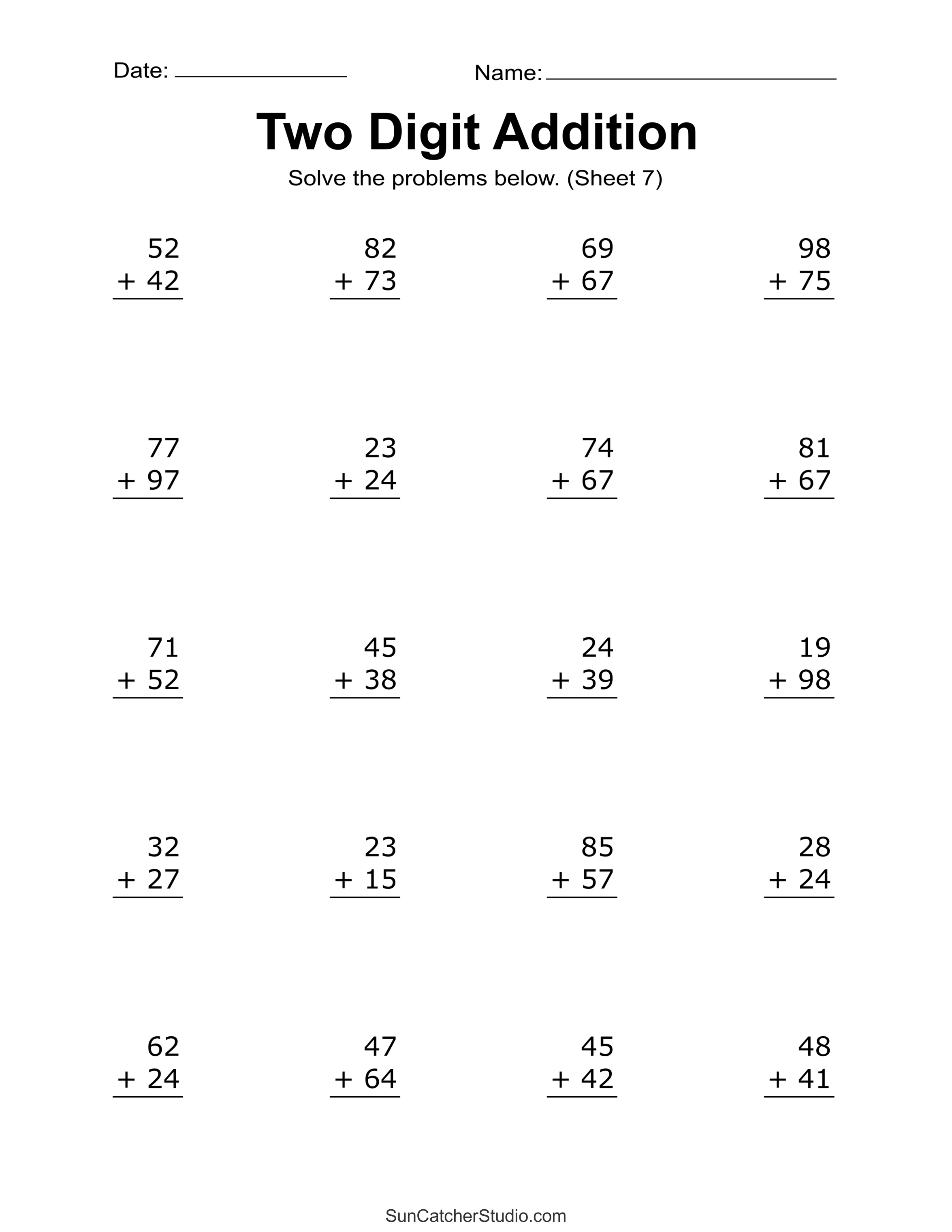 Two Digit Addition Worksheets Printable 2 Digit Problems DIY