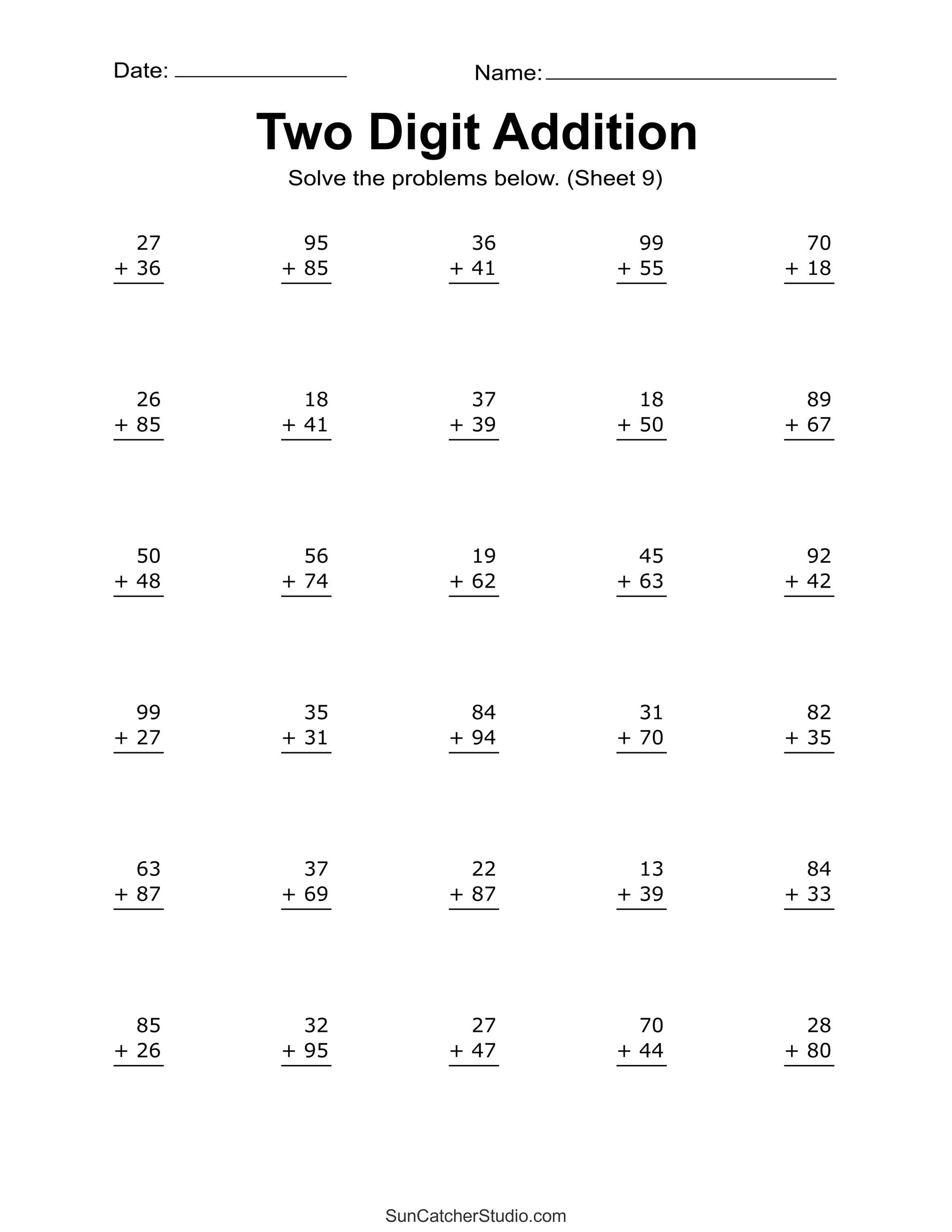 Two Digit Addition Worksheets Printable 2 Digit Problems Free