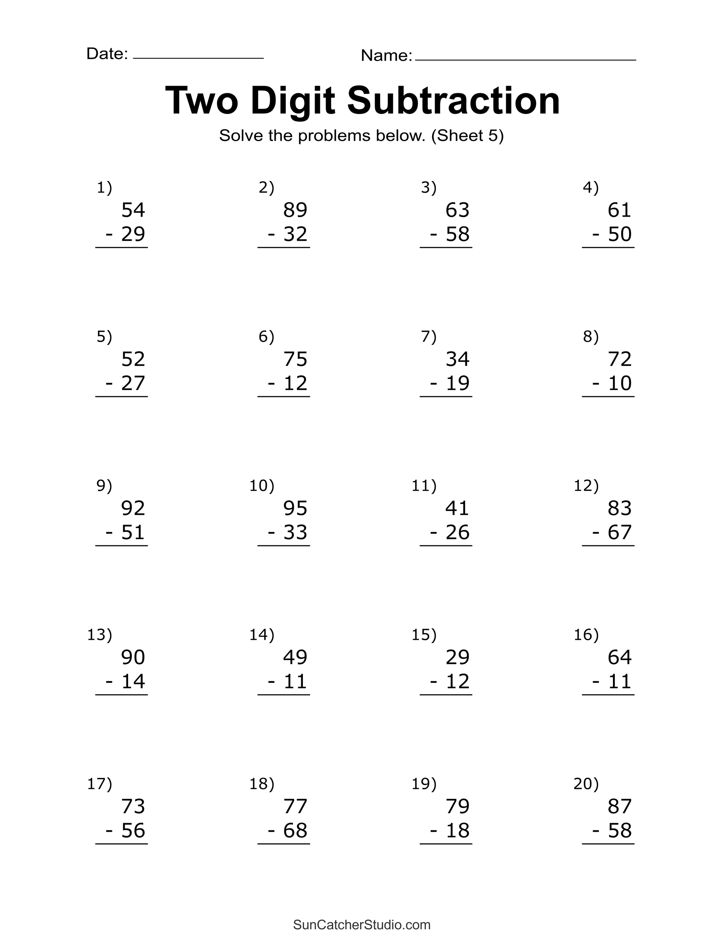 Two Digit Subtraction Worksheets Printable Math Drills DIY Projects