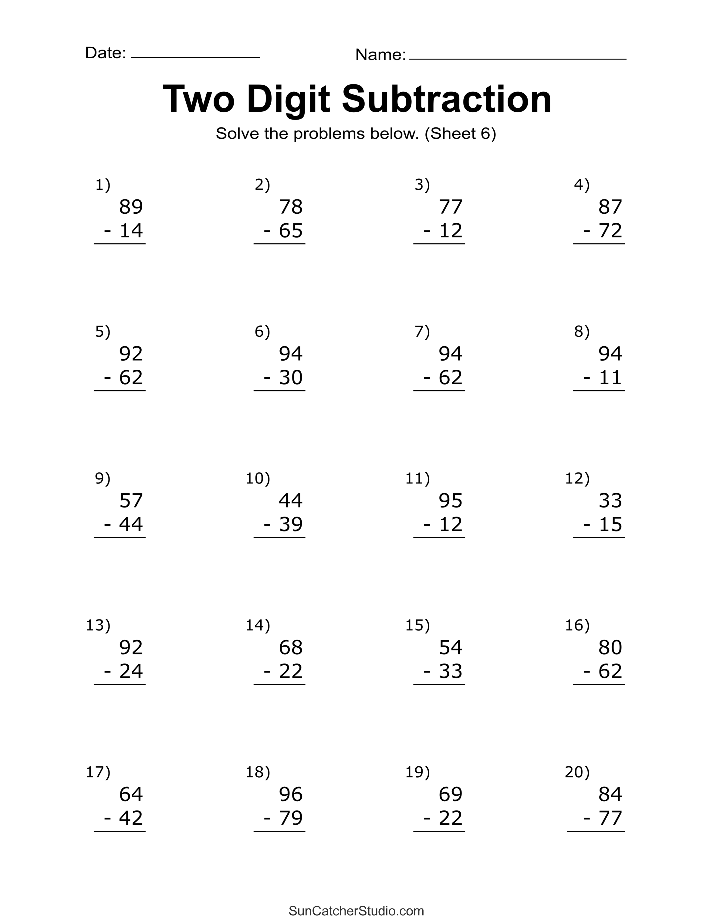 Two Digit Subtraction Worksheets Printable Math Drills DIY Projects